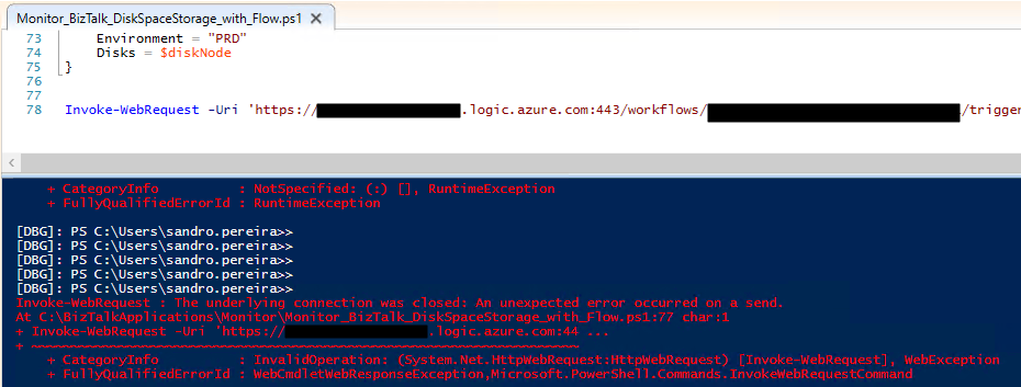 Error While Calling Logic App Thru Powershell The Underlying Connection Was Closed An